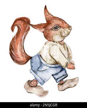 Hand drawn watercolor squirrel. Watercolor hand draw fairy tale ...