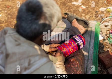 Hala Sindh 2022, an old Man is making Colorful blue clay tiles in Hala ...