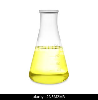 Conical flask with yellow liquid isolated on white. Laboratory ...
