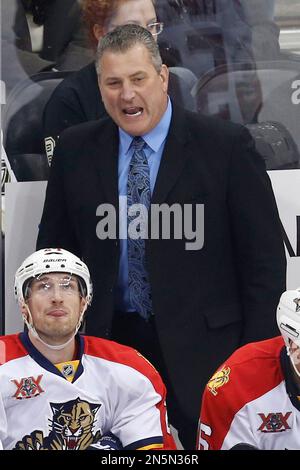 Florida Panthers' head coach Peter Horachek talks to his players during ...