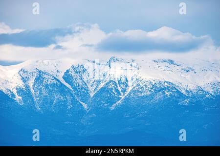 The summit of the impressive snowy mount Taygetus Taygetos. It is the ...