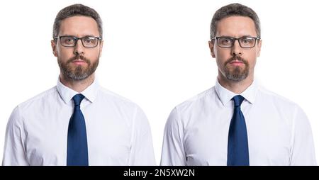 two man face shaven comparison before and after in studio. man face ...