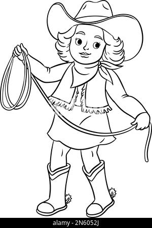 Cowboy Girl with a Rope Coloring Page for Kids Stock Vector Image & Art ...