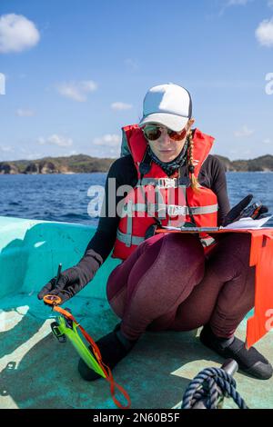 Equipped marine biologist writing notes on a paper while working on a ...