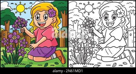 Spring Girl Picking Flowers Coloring Page for Kids Stock Vector Image ...