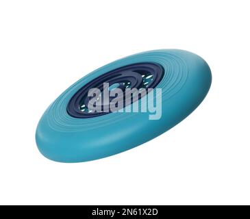 Plastic frisbee disk on light blue background, top view. Space for text ...