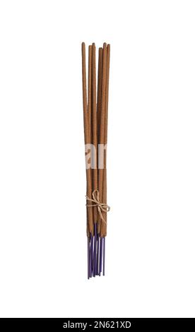 Many aromatic incense sticks tied with twine on white background Stock ...
