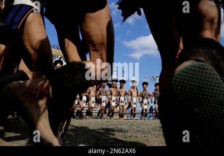 India's Naga tribal men in traditional attire perform a head hunting ...
