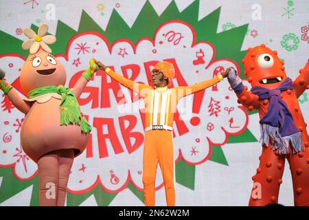 DJ Lance Rock, center, is seen with Foofa, Brobee, Muno, and Plex at A ...