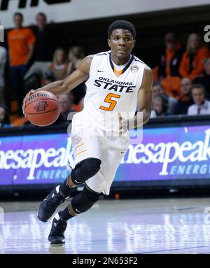 Oklahoma State guard Stevie Clark (5) is pictured during an NCAA ...