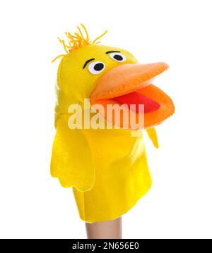 Duck puppet for show on hand against white background Stock Photo - Alamy