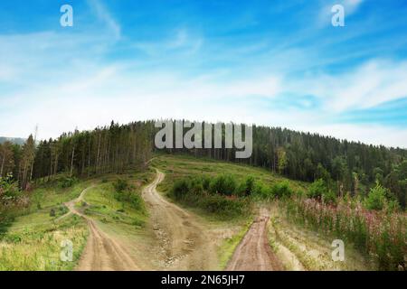 Choosing way. Picturesque landscape with different roads Stock Photo ...