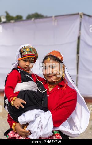 Tribal women of Uttarakhand wearing traditional attire singing folklore ...