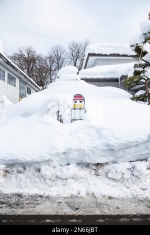 Bus stop in massive snow, Life in a snow country, famous city by heavy ...
