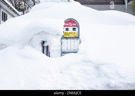 Bus stop in massive snow, Life in a snow country, famous city by heavy ...