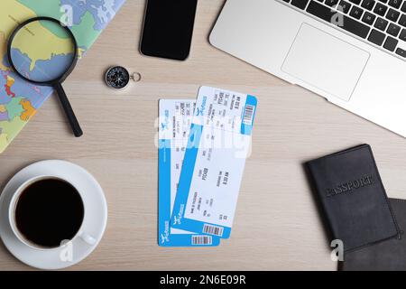 Composition with avia tickets and passport on wooden table. Travel ...