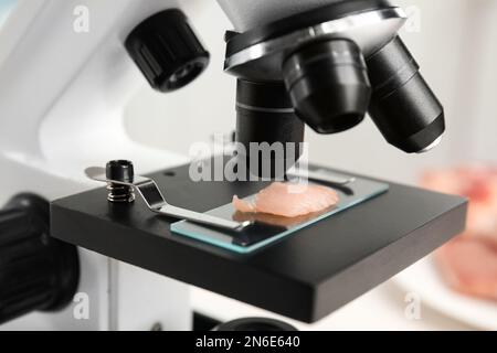 Slide with meat sample on microscope in laboratory, closeup. Poison ...