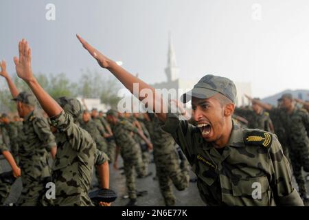Saudi soldiers exercise before a military parade during preparations ...