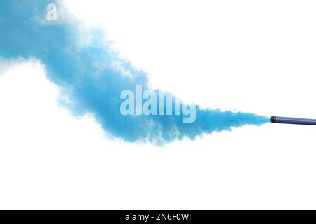 Woman with blue smoke bomb near white wall outdoors, closeup Stock ...