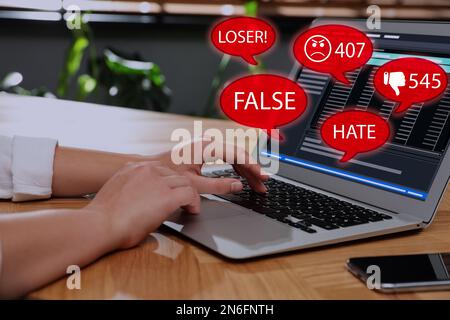 Woman using laptop and icons with offensive messages, closeup. Cyber ...