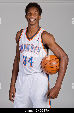 Oklahoma City Thunder's Hasheem Thabeet waits to take a free throw ...