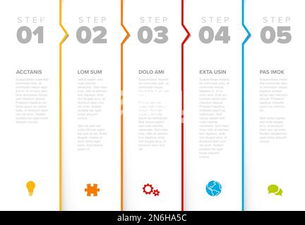 Five white vector progress block steps template with color border ...