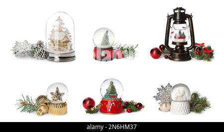 Set of different beautiful snow globes on isolated on white. Banner ...