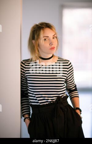 Young beautiful hipster woman work at cafe with window reflection Stock ...