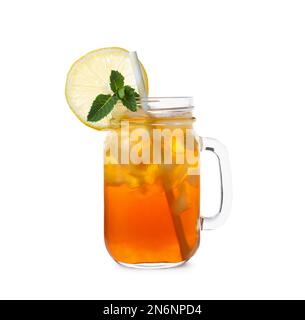Delicious iced tea in mason jar on white background, top view Stock ...