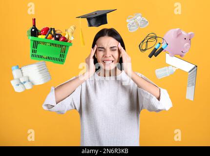 Overwhelmed woman and different objects around her on light grey ...