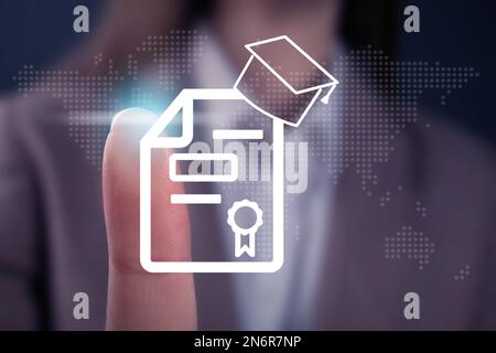 Woman touching a webinar concept on a touch screen with her fingers ...