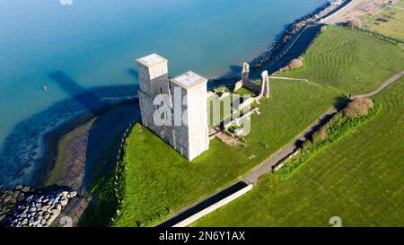Aerial image of the ruins of St Mary's Church, at Reculver Country Park ...