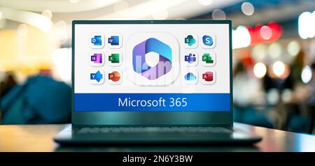 POZNAN, POL - JAN 19, 2023: Laptop computer displaying logos of Microsoft Office and Microsoft ...