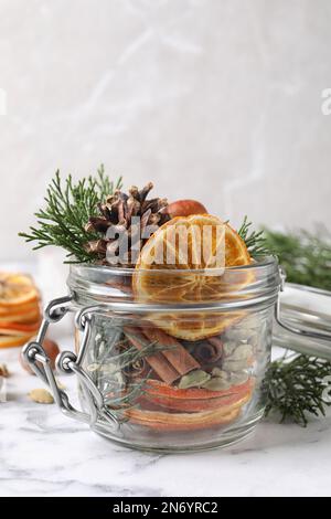 Aroma potpourri with different spices on white marble table Stock Photo ...