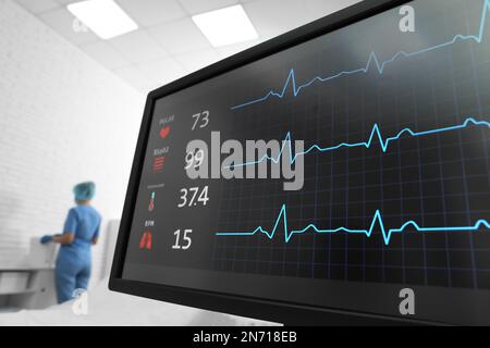 Monitor with cardiogram in hospital, focus on screen. Space for text ...