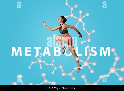 Metabolism concept. Molecular chain illustration and athletic young man ...