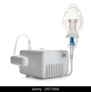 Modern nebulizer with face mask on white background. Inhalation ...