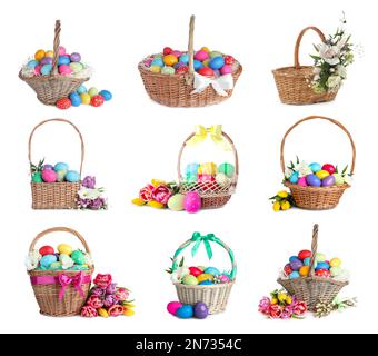 Wicker baskets with bright colorful eggs and with text Happy Easter and ...