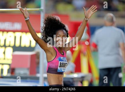 Brigetta Barrett of USA reacts after clearing a bar and winning the ...