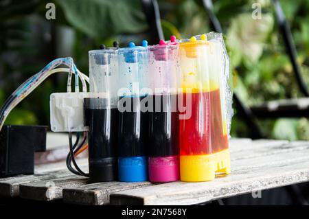 side view of the ink tank of the printer, there are 4 colors Stock ...