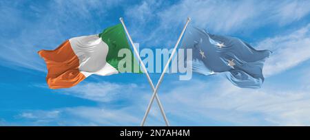 two crossed flags Micronesia Federated States and Thailand waving in ...