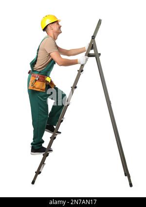 Professional constructor climbing ladder on white background Stock ...