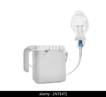 Modern nebulizer with face mask on white background. Inhalation ...