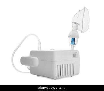 Modern nebulizer with face mask on white background. Inhalation ...