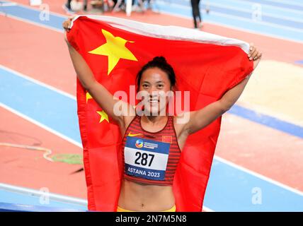 Astana. 10th Feb, 2023. He Wuga of China celebrates after the women's ...