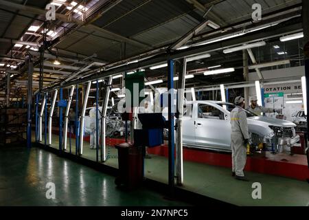 Workers at the assembly line of the new Dacia Sandero car at the Somaca ...