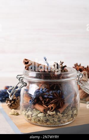 Aroma potpourri with different spices on white table Stock Photo - Alamy