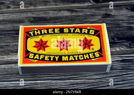 Cairo, Egypt, February 9 2023: Three stars safety matches Jonkoping ...