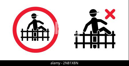 Cartoon, please do not climbing on fence balustrade. Stickman, stick ...