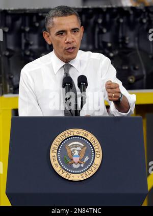 President Barack Obama speaks at the Linamar plant in Arden, North ...